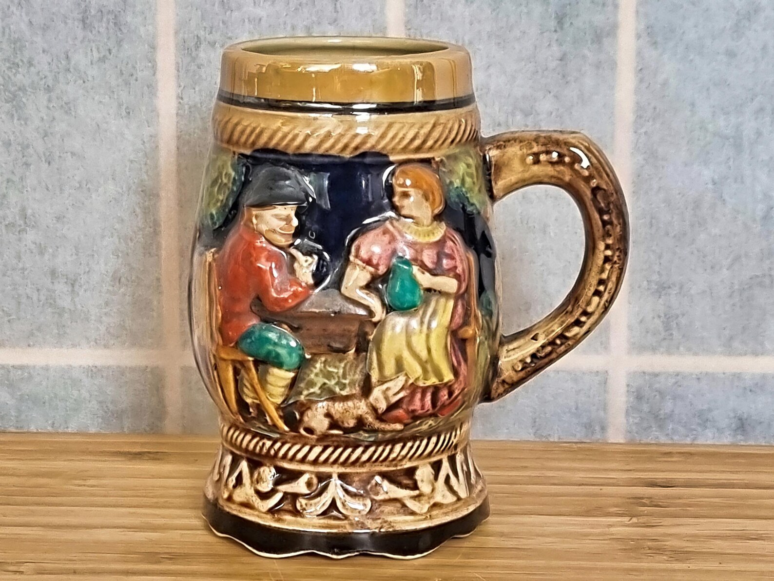 Medieval German Beer Stein | Vintage Relief Tavern Scene | Hand-painted ...