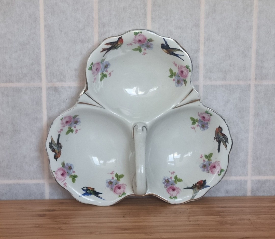 Antique Porcelain Serving Dish Birds & Flowers Sectioned Nibbles Plate ...