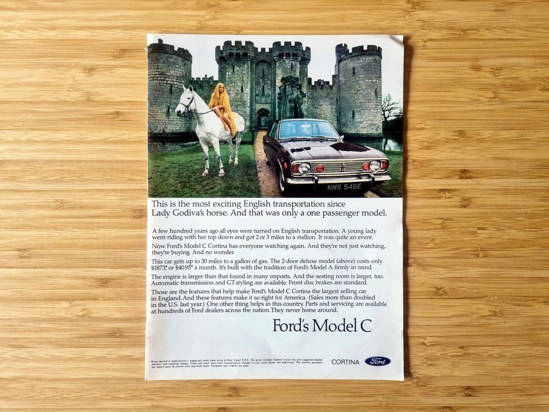 Vintage Car Magazine Advertisement, Ford Model C Cortina Sedan, 1960s ...