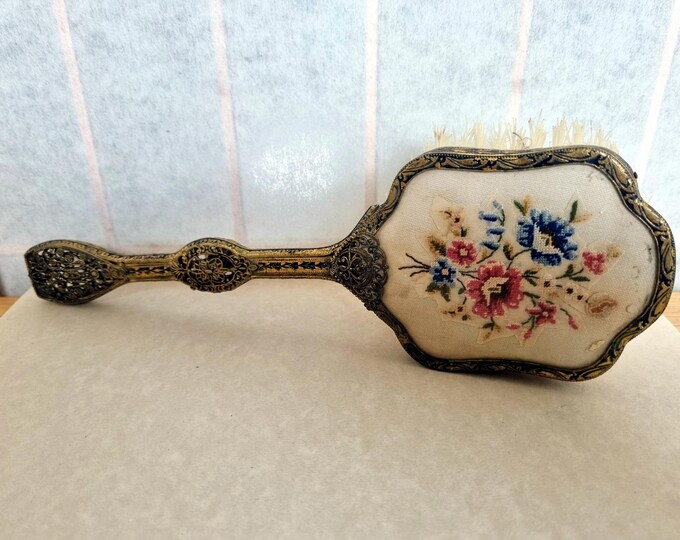 Vintage English Petitpoint Brush | Brass Handle Hair Brush | Floral ...