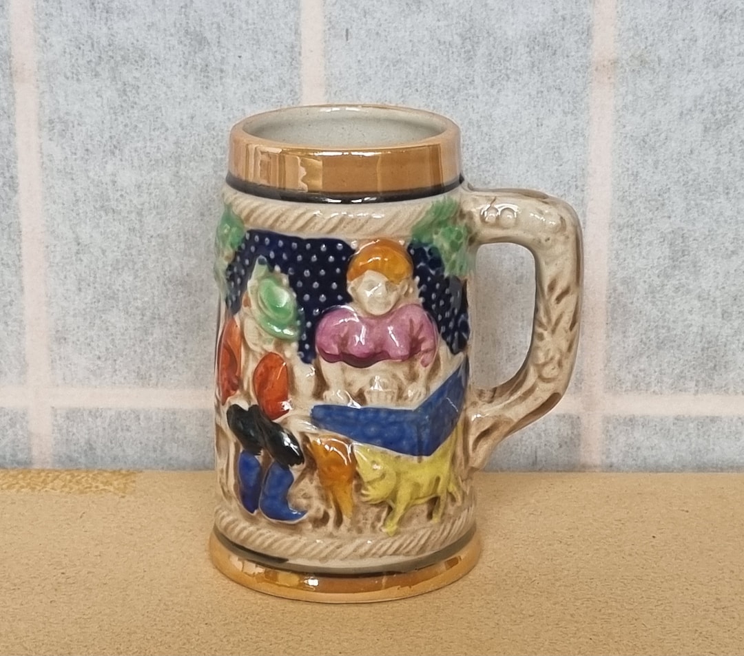 German Mini Beer Stein | Vintage Relief Scene Mug | Ceramic Folk Art ...