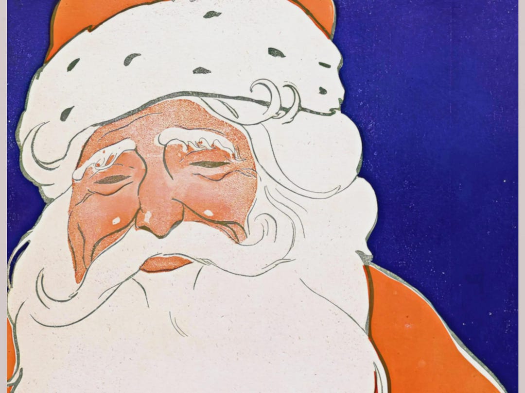Vintage Christmas Art Print, Santa Claus Portrait in Red Coat, Bold ...