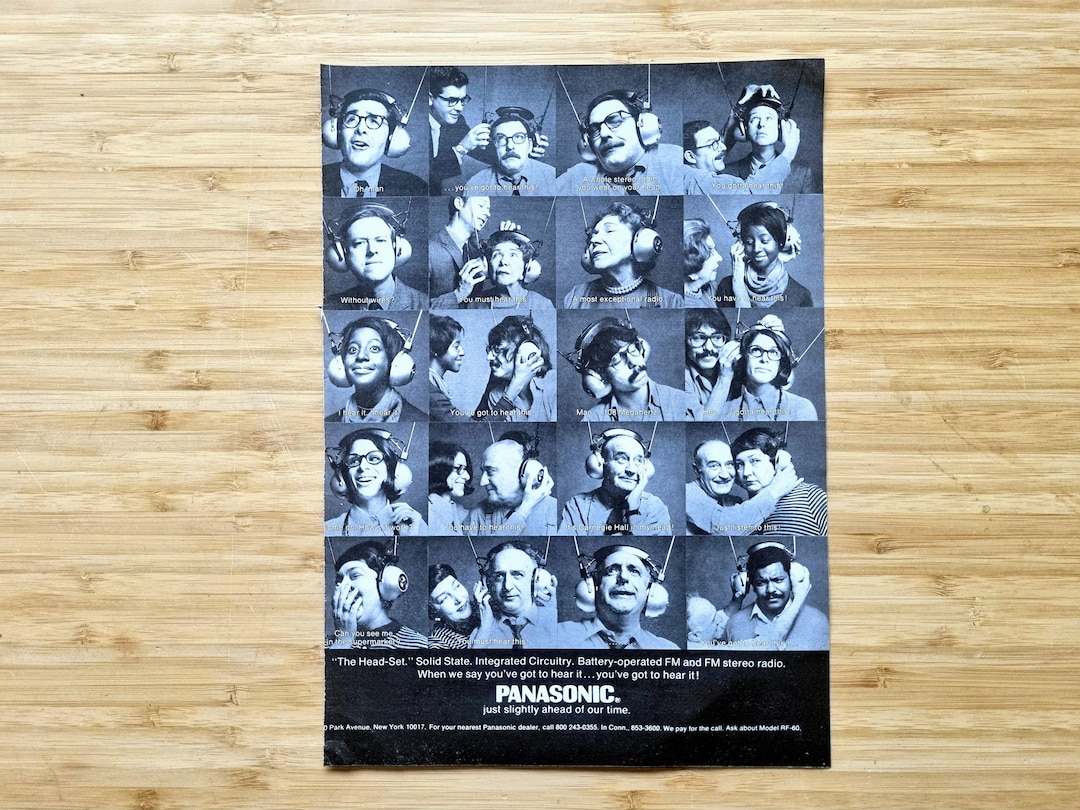 Vintage Stereo Headphones Ad, Panasonic Head Set FM Radio, 1960s Black ...