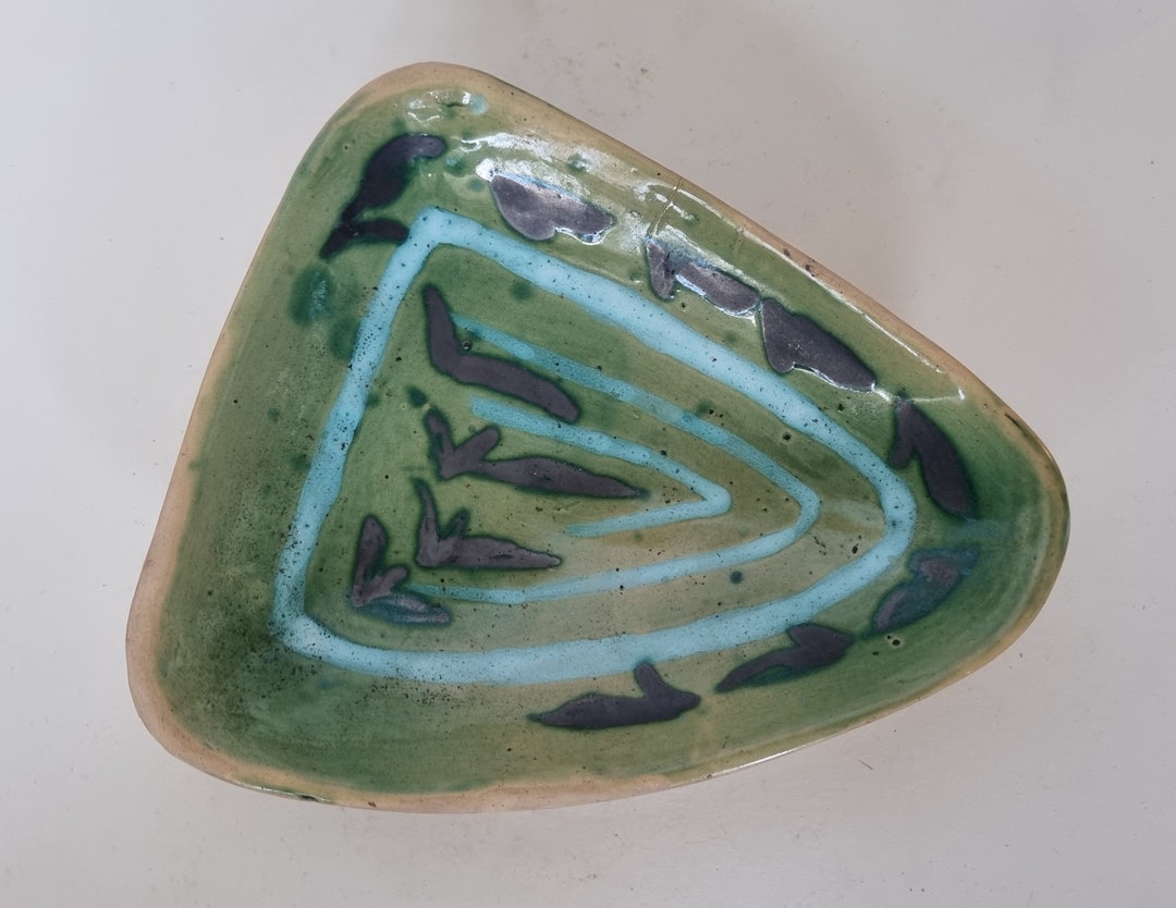 Studio Pottery Triangle Dish | Hand-glazed Abstract Green Art Bowl ...