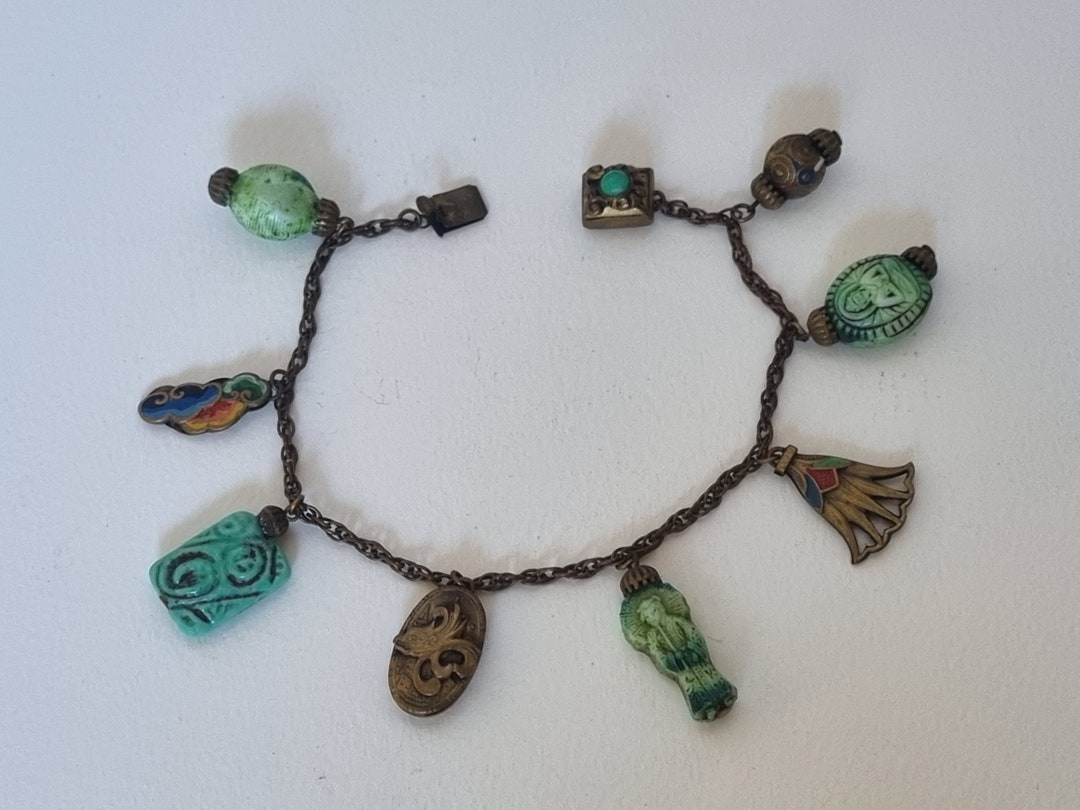 Vintage Chinese Jade Charm Bracelet Buddha Rainbow Luck Dragon Enamel ...