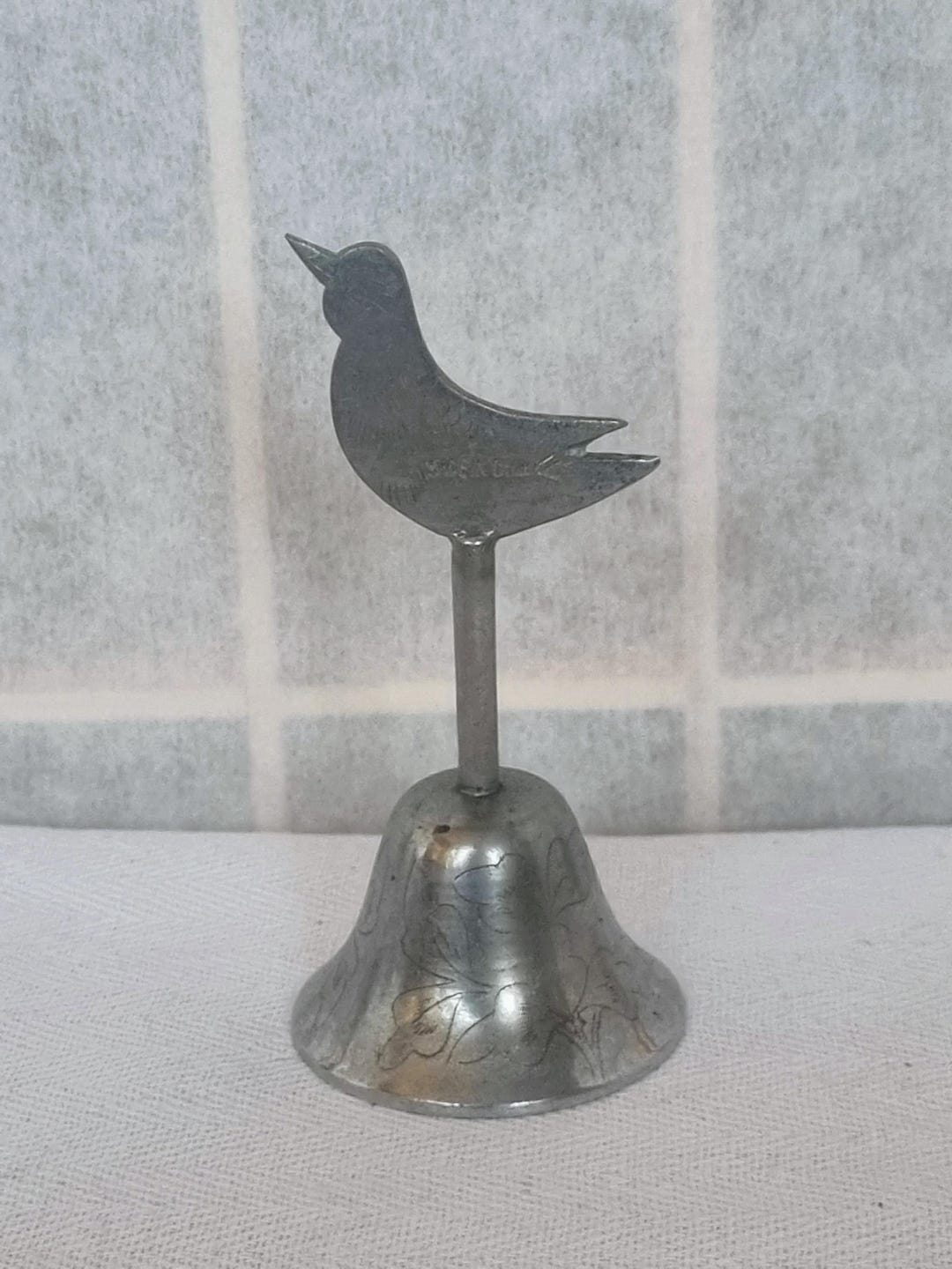 Vintage Pewter Bird Bell | Chinese Etched Floral Design | Hand Crafted ...