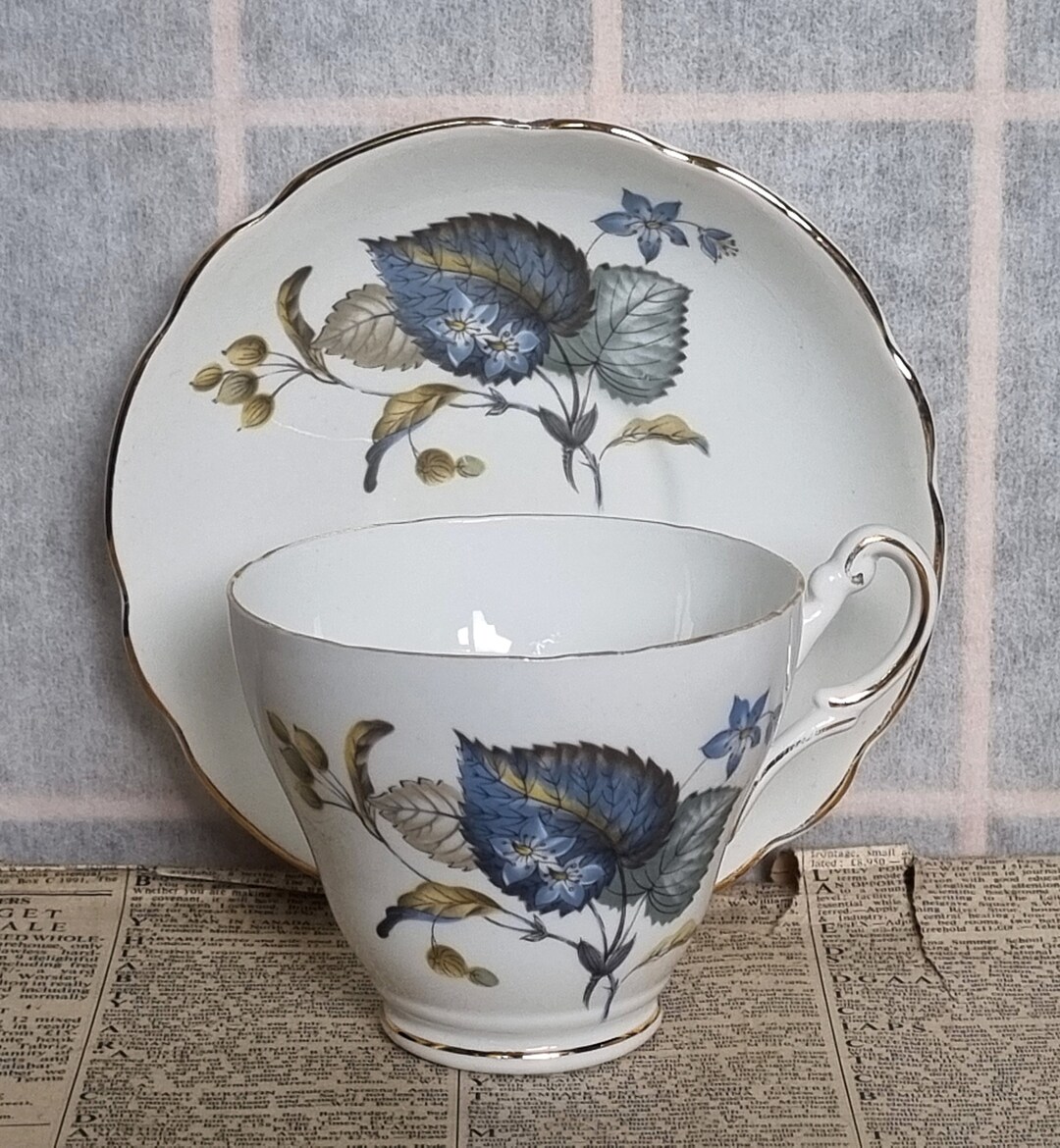 Teacup and Saucer by Regency England in Fine Bone China Blue Leaf ...