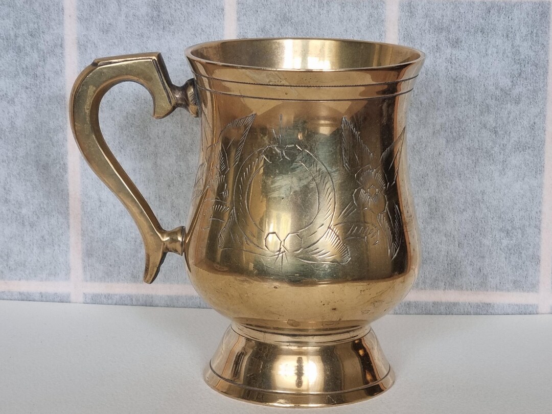 Vintage Gold Metal Tankard | English Etched Bell Design Decorative Mug ...