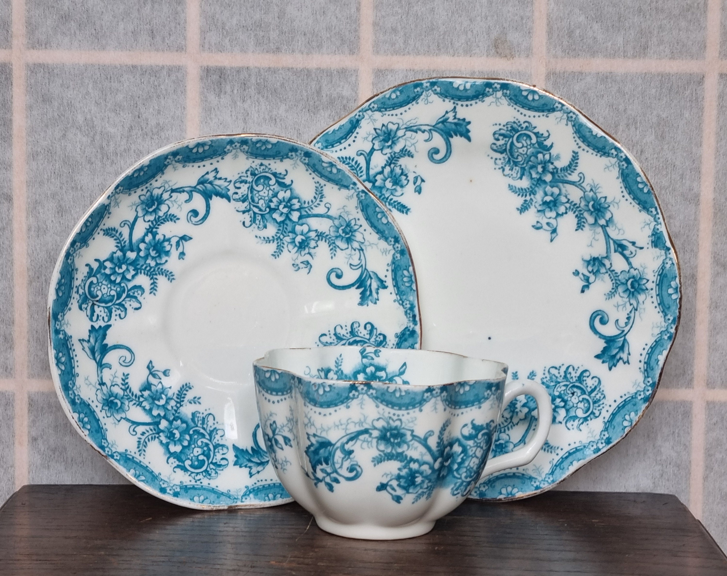 Antique English Tea Cup Trio | Victorian Blue White China | Ornate ...
