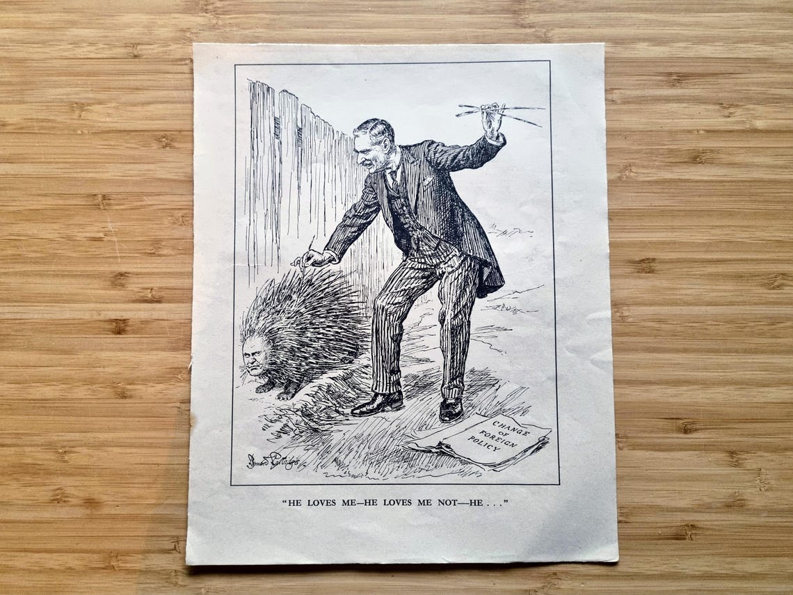 Vintage Political Cartoon Art, Chamberlain Mussolini Satire Print ...