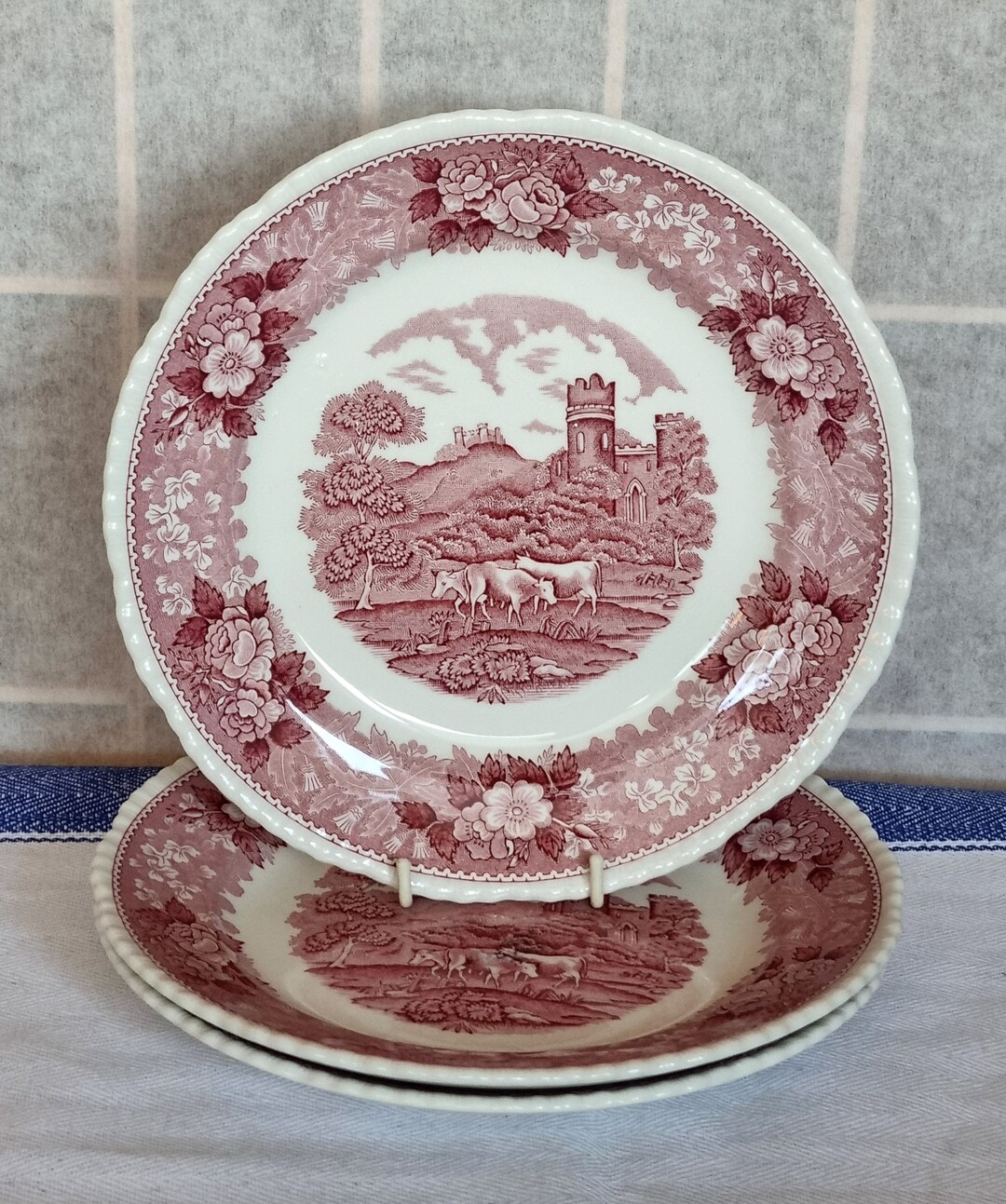 Red Transferware Adams Plates | English Scenic Castle 8 Inch China Set ...