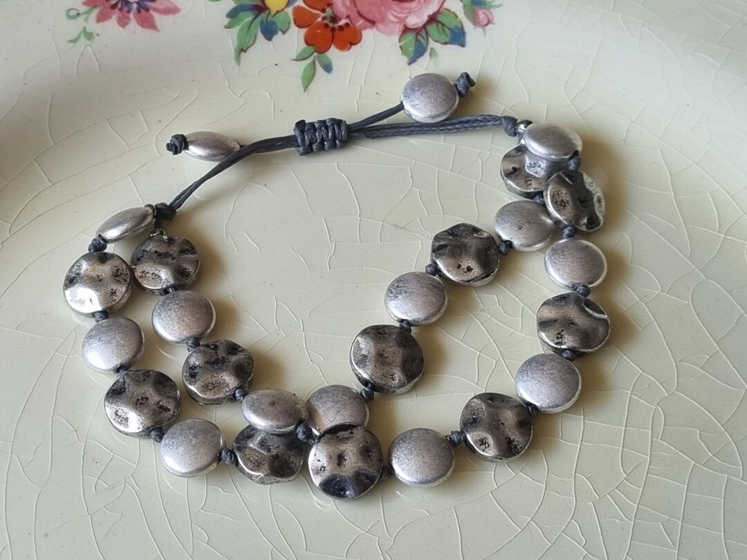 Silvertone Metallic Beaded Bracelet | Two Strand Adjustable Knotted ...