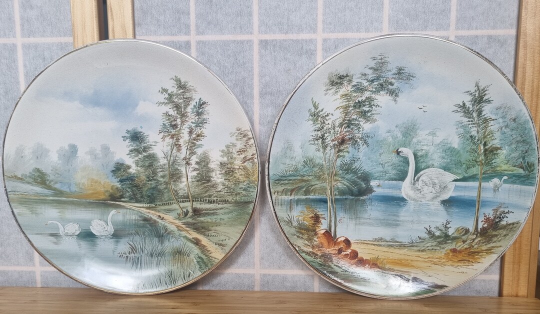 Hand Painted Swan Plates | Hartgould Signed Pair | Vintage Lake Scene ...