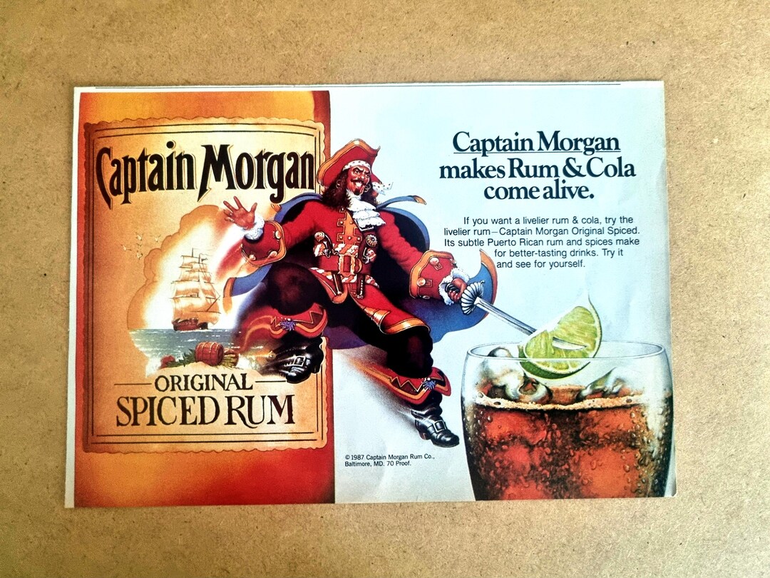 1980s Captain Morgan Rum and Cola Ad, Original Spiced Rum Pirate Mascot ...