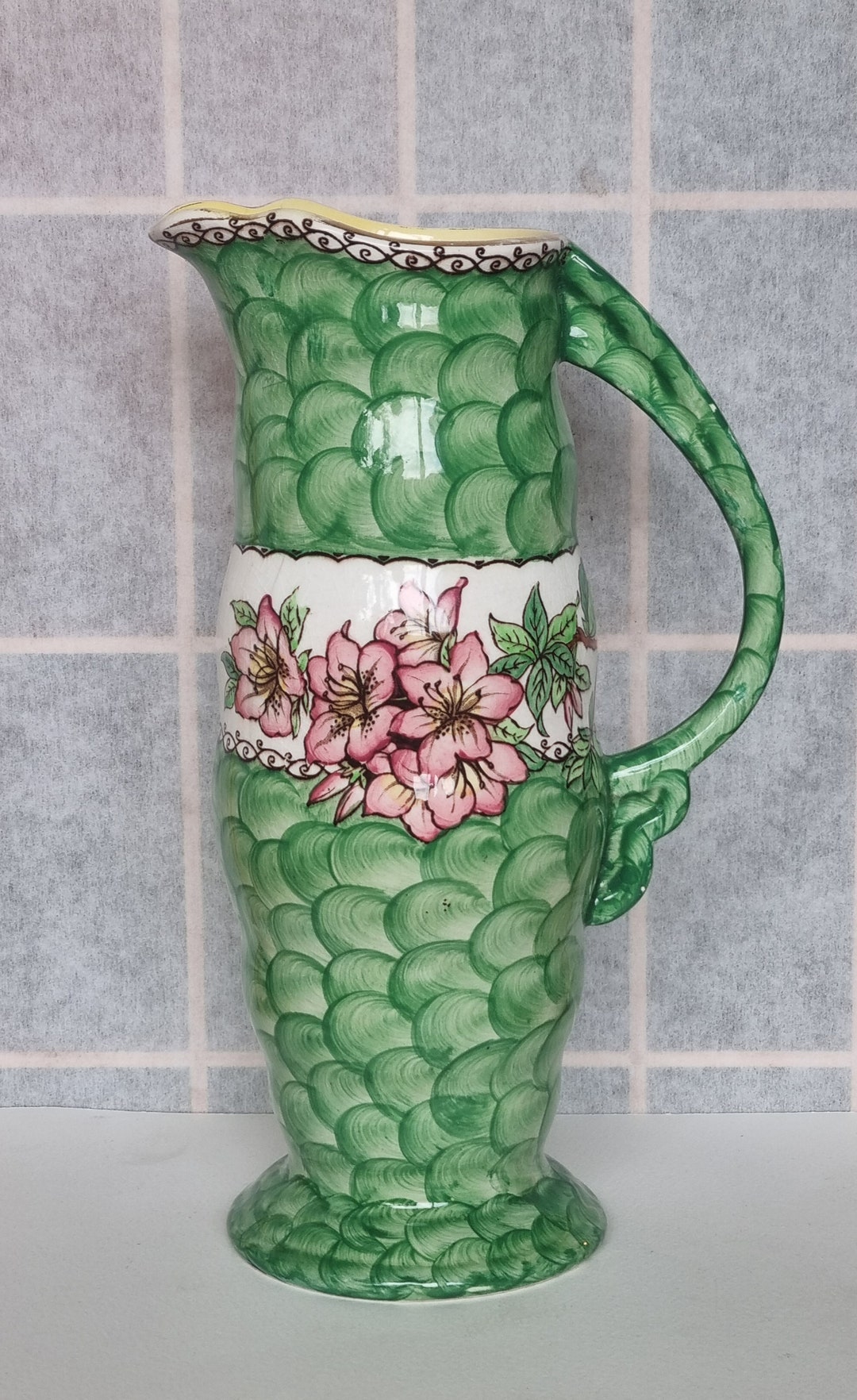 Maling Pottery Lustreware Jug | Green Scale Pattern With Pink Floral ...
