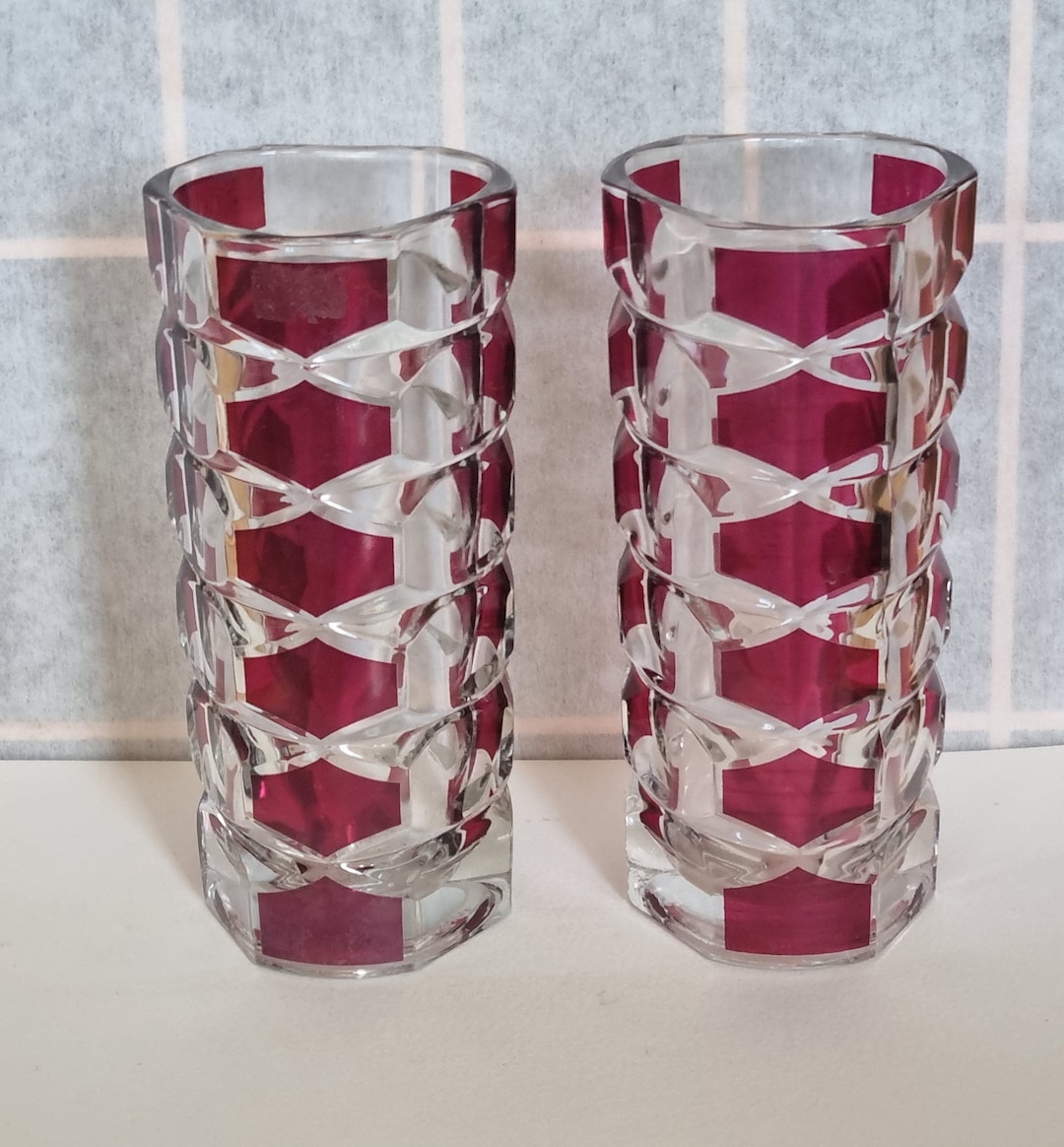 Luminarc Ruby Glass Vases | French Geometric Cut Crystal | Vintage ...