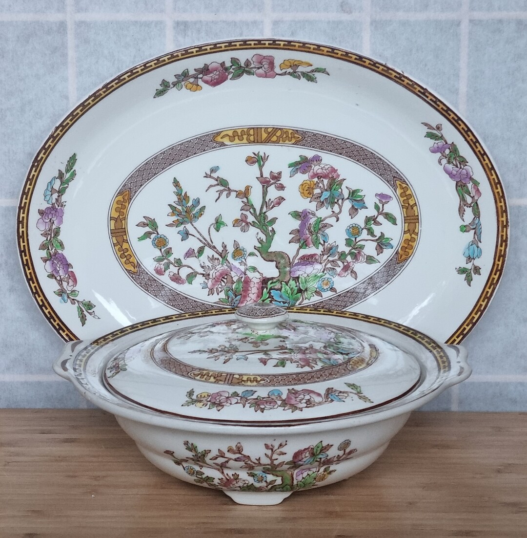 Indian Tree Lidded Dish Set | Washington Pottery Hand Painted Vintage ...