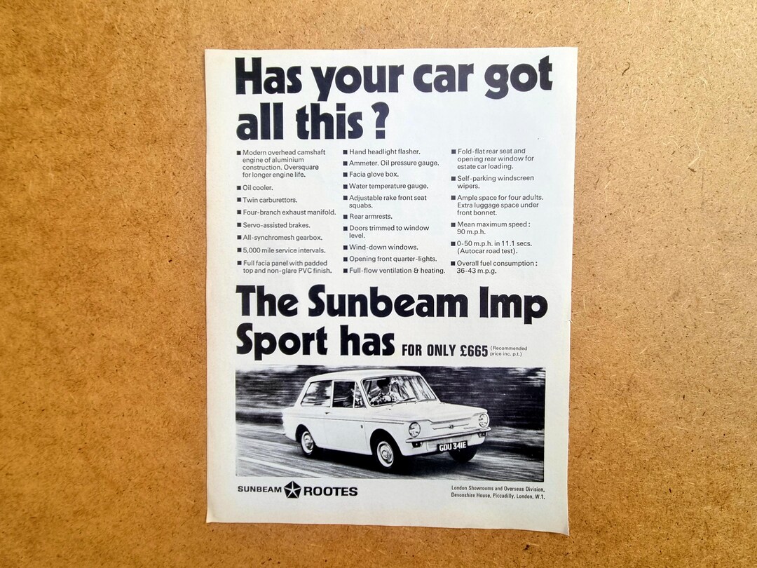 1960s Car Advert, Sunbeam Imp Sport, Original Print Page, 1967 Vintage ...