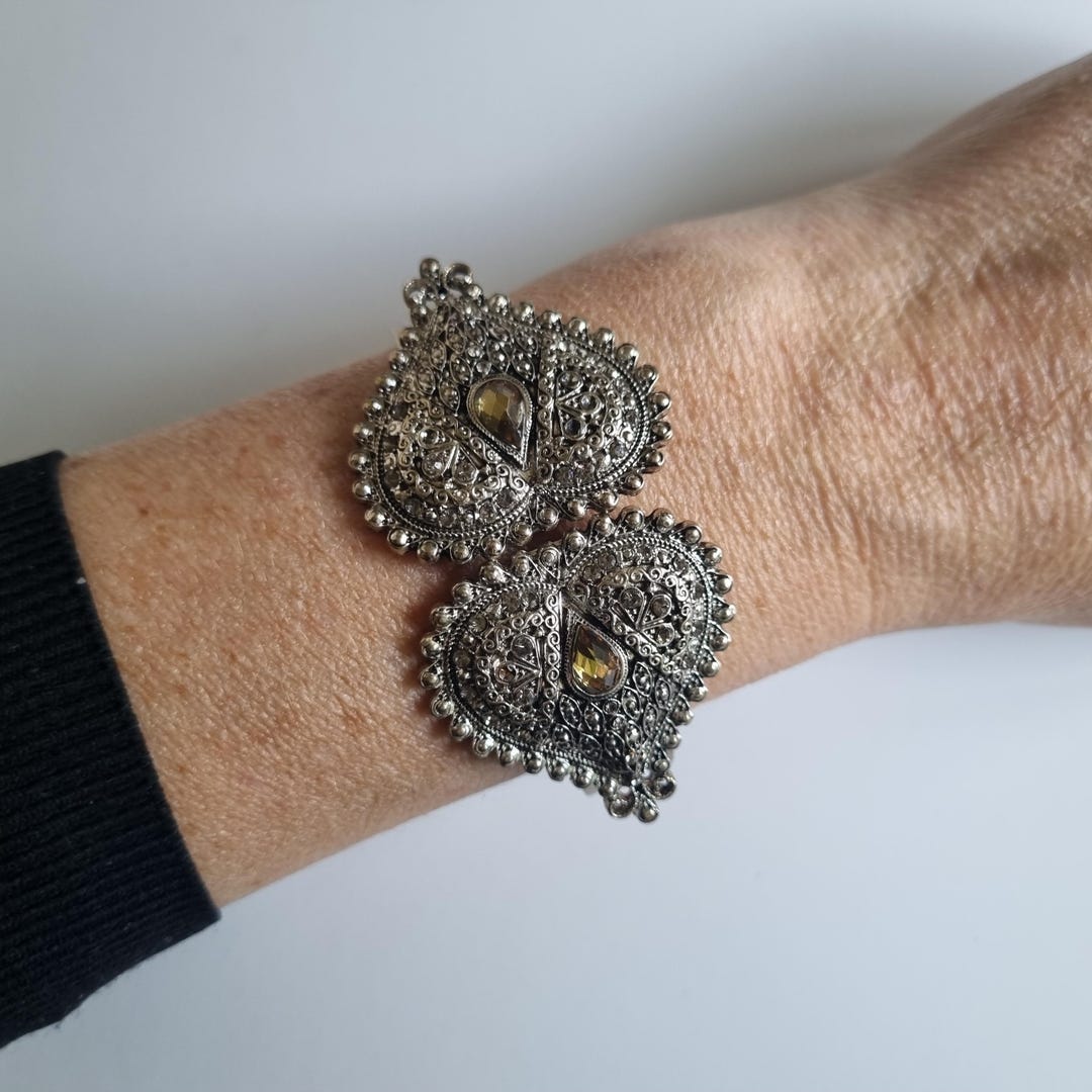 Rhinestone Bangle, Wide Cuff Bracelet, Chunky Clamp, Heart Jewelry ...