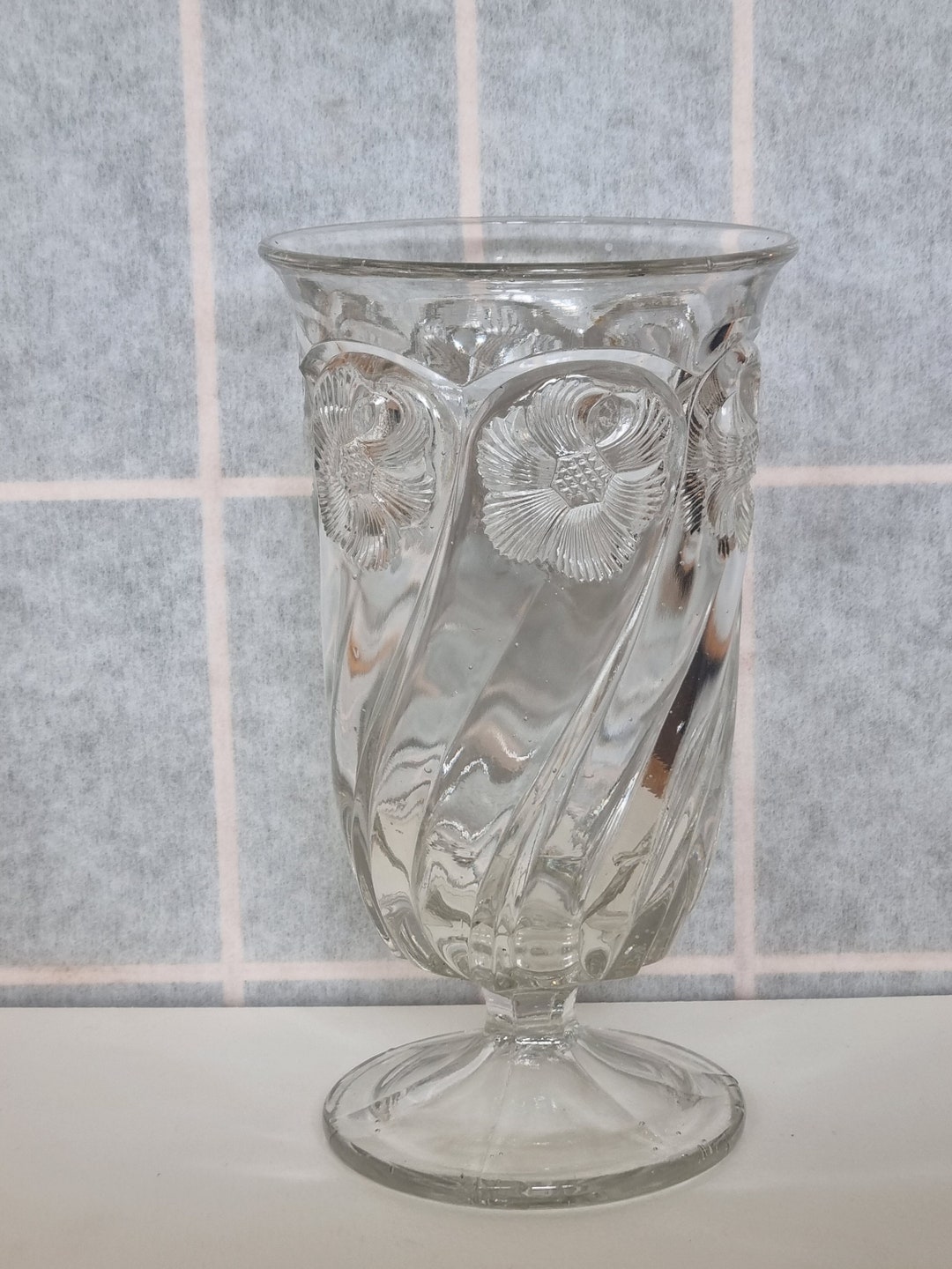 Mid Century Glass Celery Vase Vintage Pressed Glass Floral Pattern ...