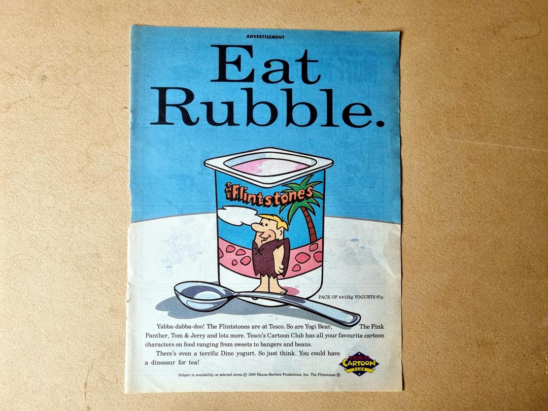 Flintstones Barney Eat Rubble Yogurt Advertisement | Vintage Tesco ...