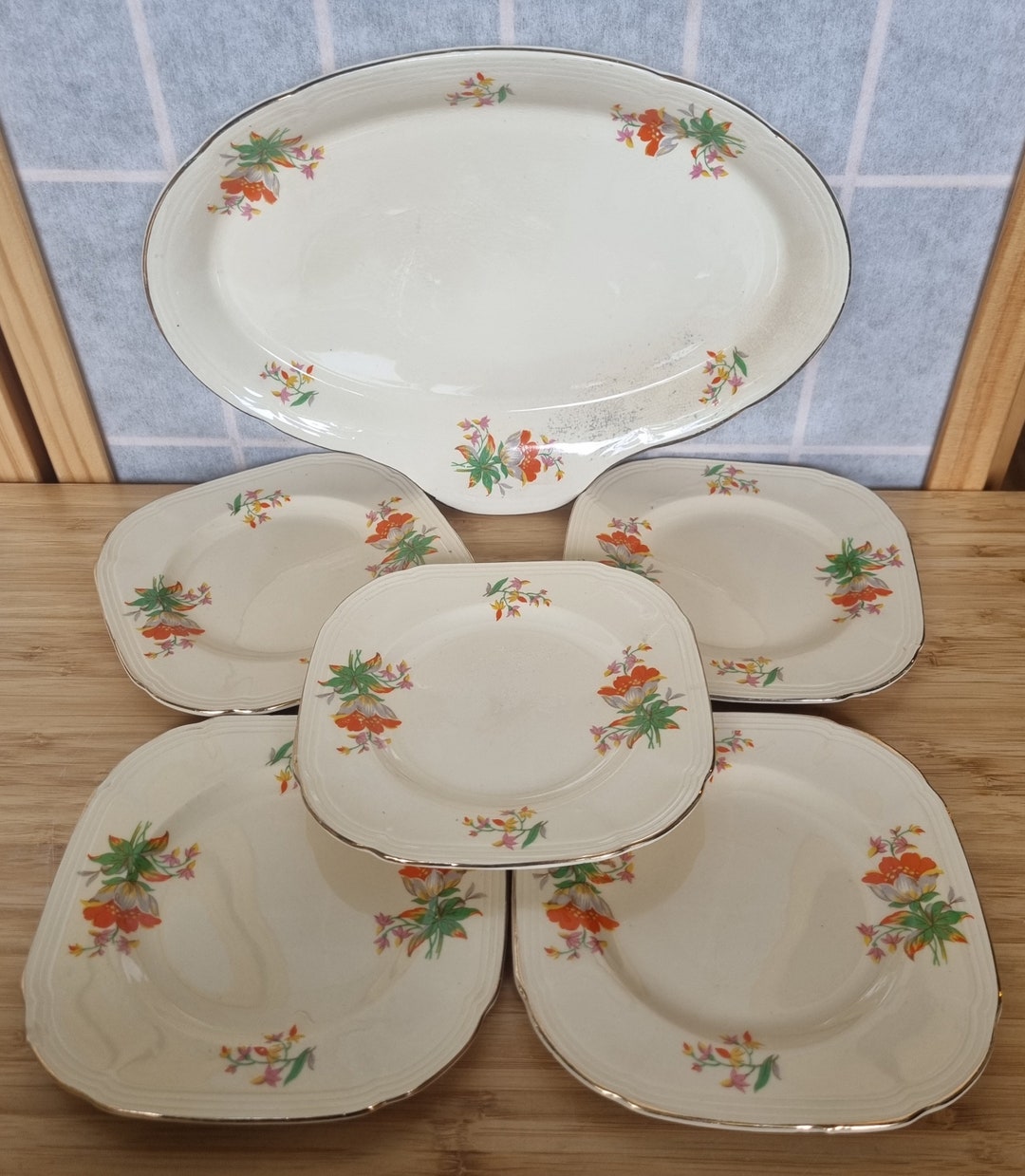 Alfred Meakin Art Deco Serving Plates 1930s Orange Floral China Set ...
