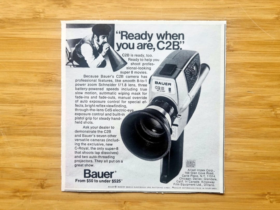 Vintage Camera Ad Page, Bauer C2B Super 8 Film, Schneider Lens, Black ...