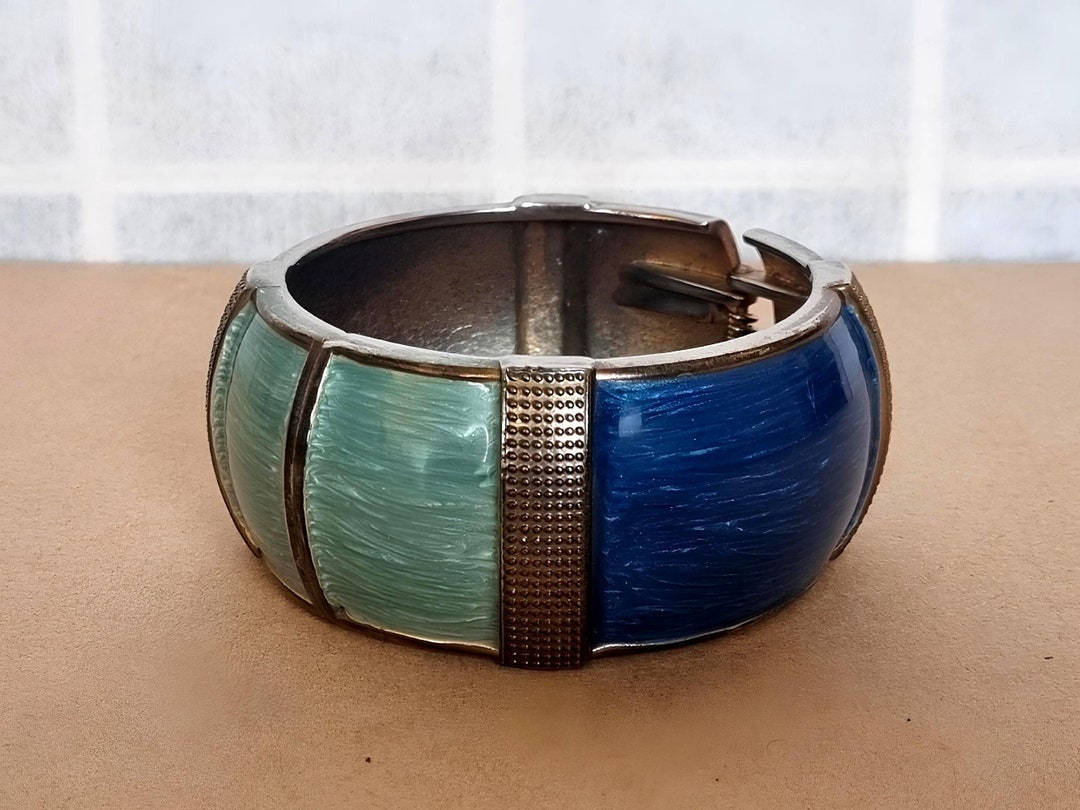Hinged Bangle, Chunky Metal Cuff Clamp Bracelet, Silver Tone Metal and ...