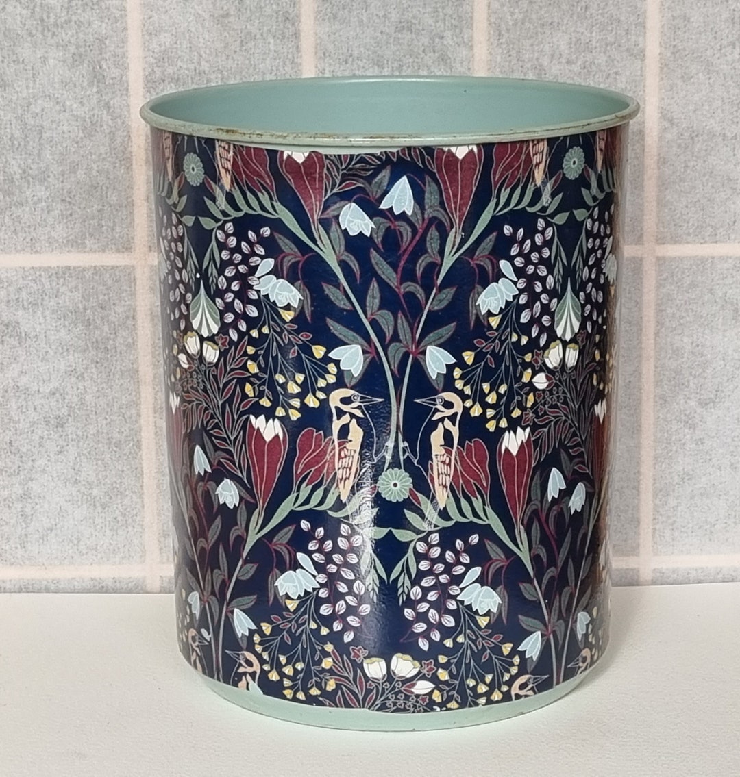 90s Metal Plant Pot | Large 8 Inch Vintage Botanical Container | Navy ...