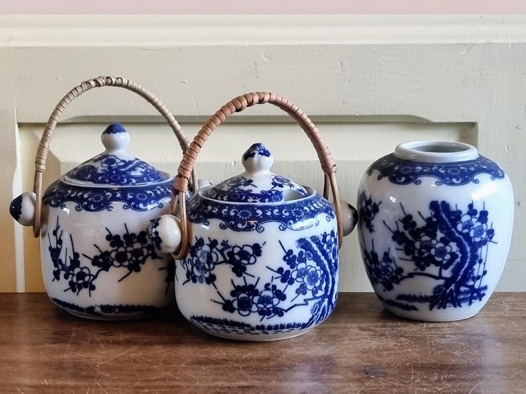 Blue and White Chinese Porcelain Tea Jars - Vintage Ginger Jar Set ...