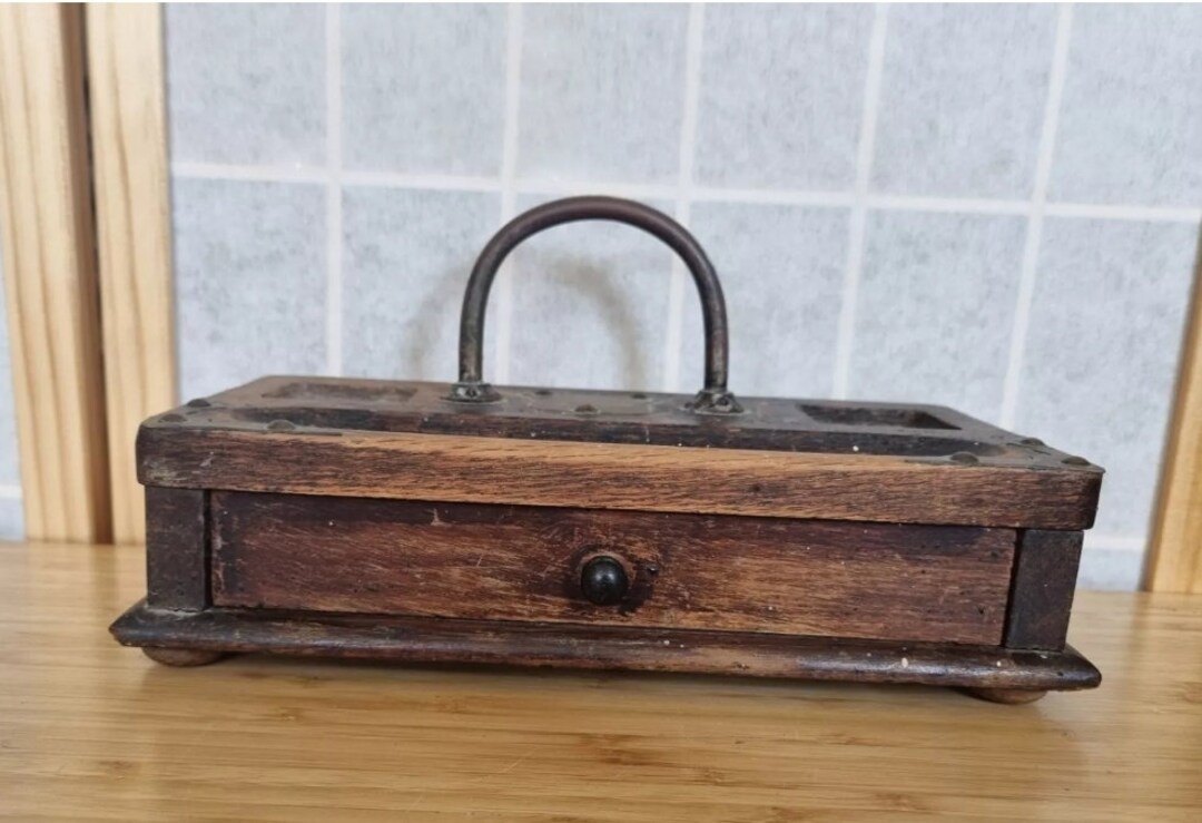 Victorian Oak Ink Well Box | English Desk Tidy With Drawer | 1800s ...