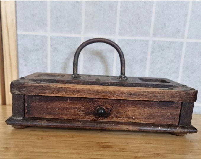 Victorian Oak Ink Well Box | English Desk Tidy With Drawer | 1800s ...