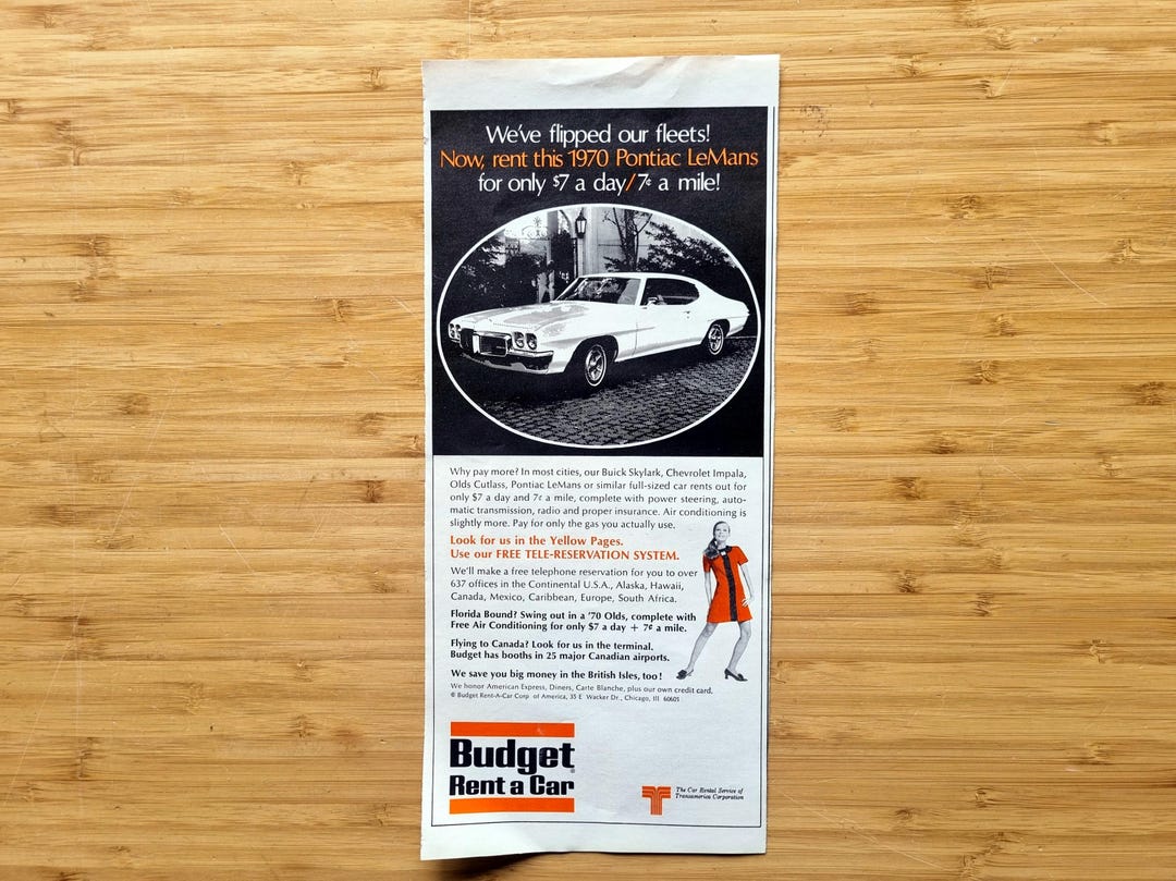 Vintage Magazine Ad Page, Budget Rent A Car, 1970 Pontiac Lemans Rental ...
