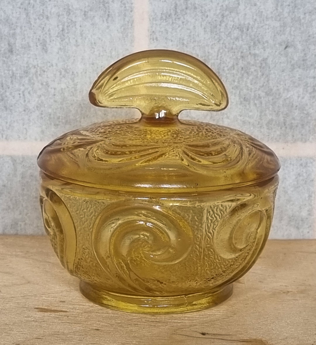 Art Deco Glass Jar | Yellow Pressed Glass Vanity Pot | Vintage Swirl ...