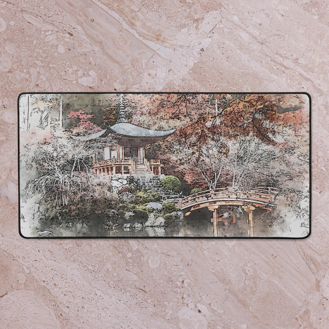 Ink Watercolor Japanese Temple Shinto Shrine Art Desk Mat for Gaming ...