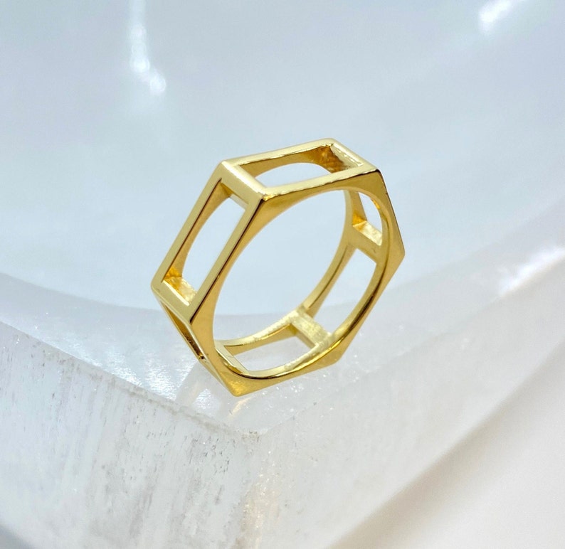 14K Solid Gold Hexagon Ring, Modern Jewelry, Unique Minimalist ...