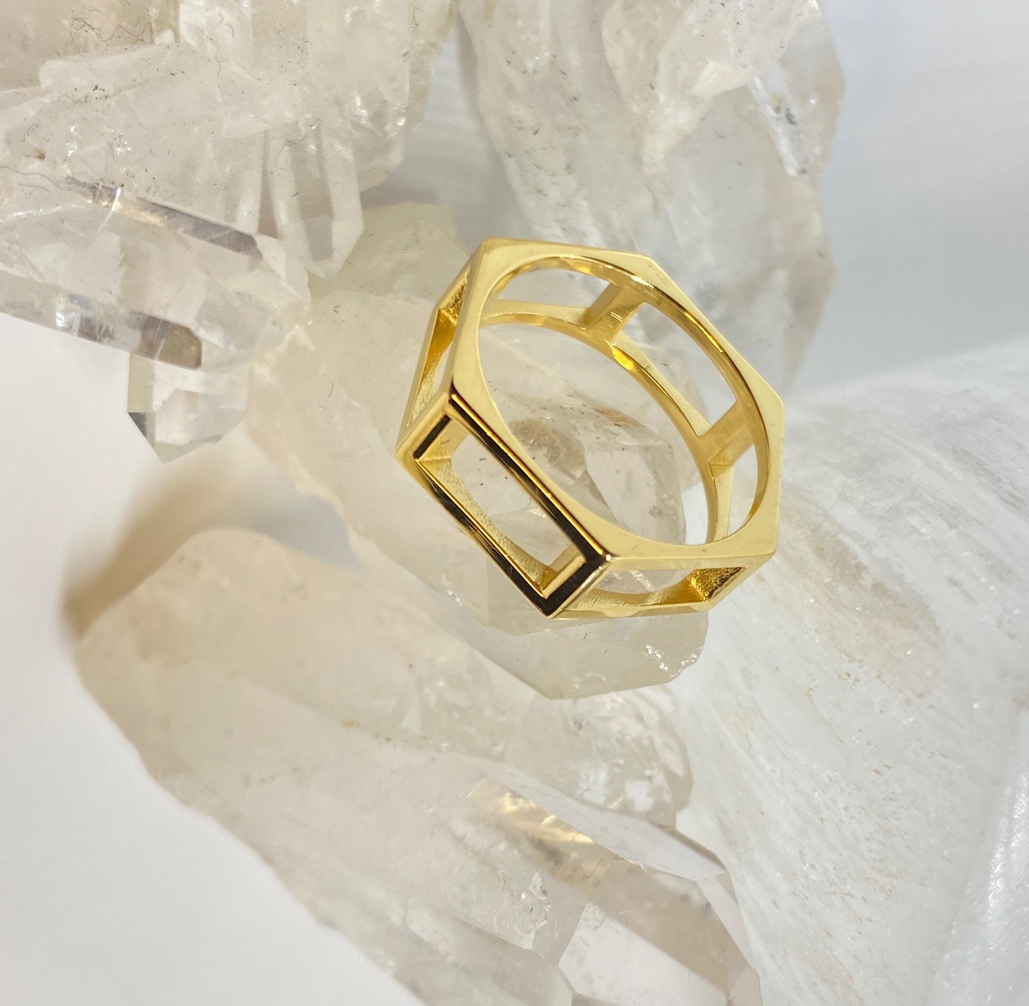 14K Solid Gold Hexagon Ring, Modern Jewelry, Unique Minimalist ...
