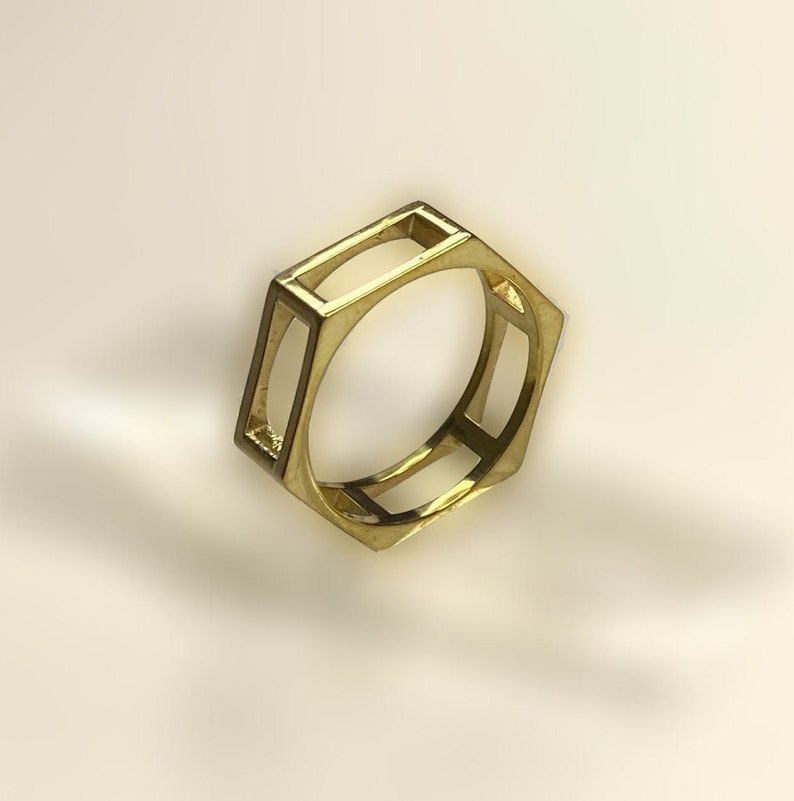 14K Solid Gold Hexagon Ring, Modern Jewelry, Unique Minimalist ...