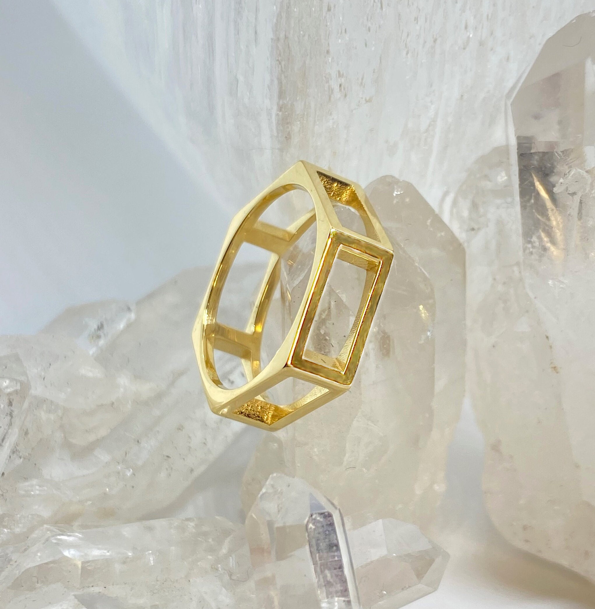14K Solid Gold Hexagon Ring, Modern Jewelry, Unique Minimalist ...