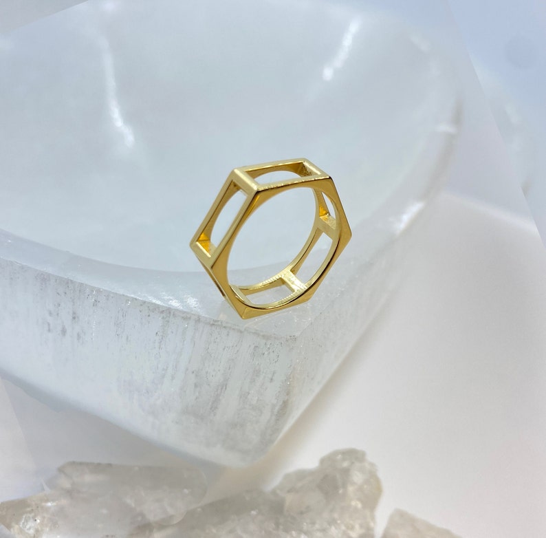 14K Solid Gold Hexagon Ring, Modern Jewelry, Unique Minimalist ...