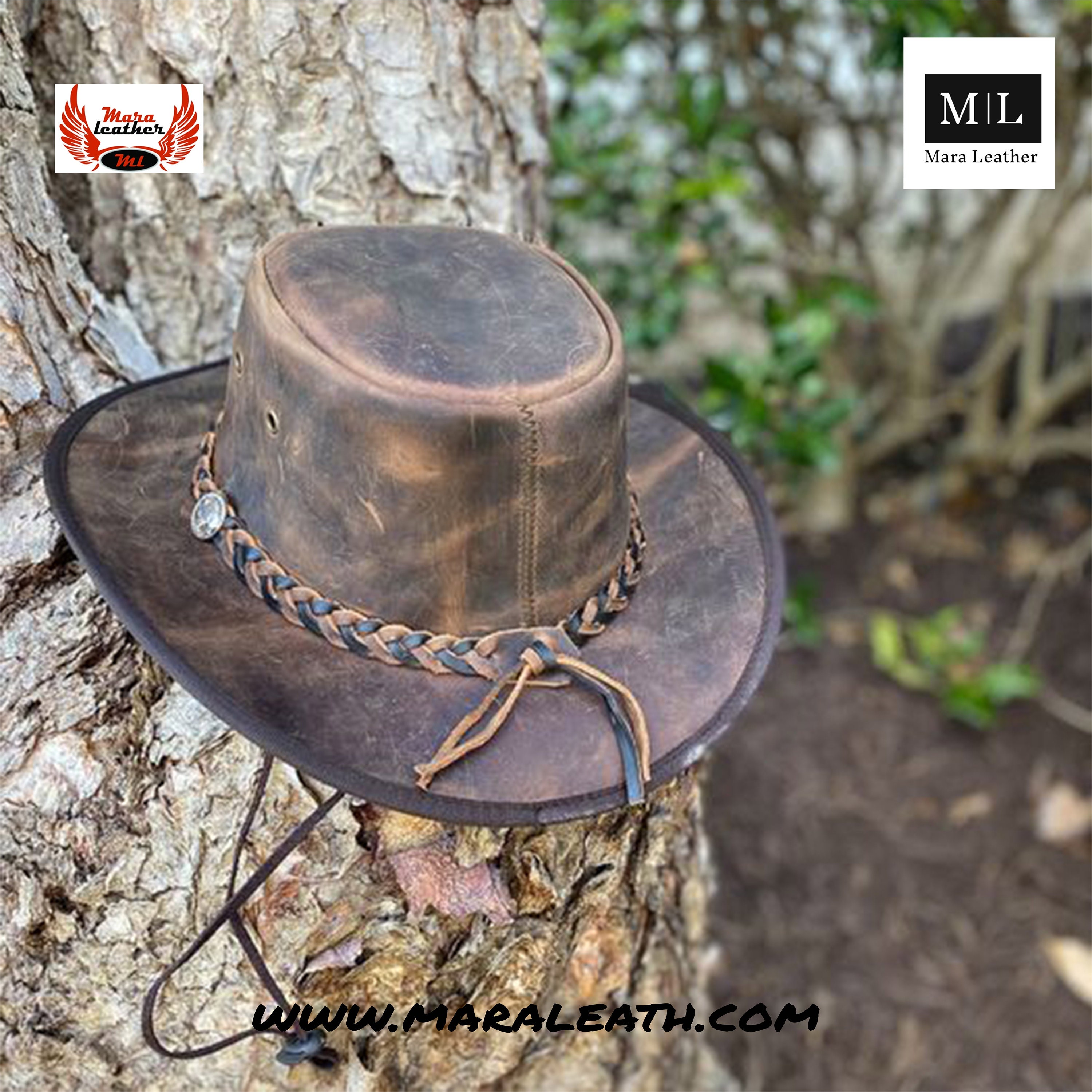 Genuine Brown Leather Cowboy Hat Distressed Leather Cowgirl Outback ...