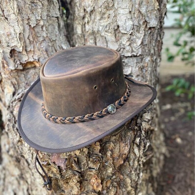 Genuine Brown Leather Cowboy Hat Distressed Leather Cowgirl Outback ...