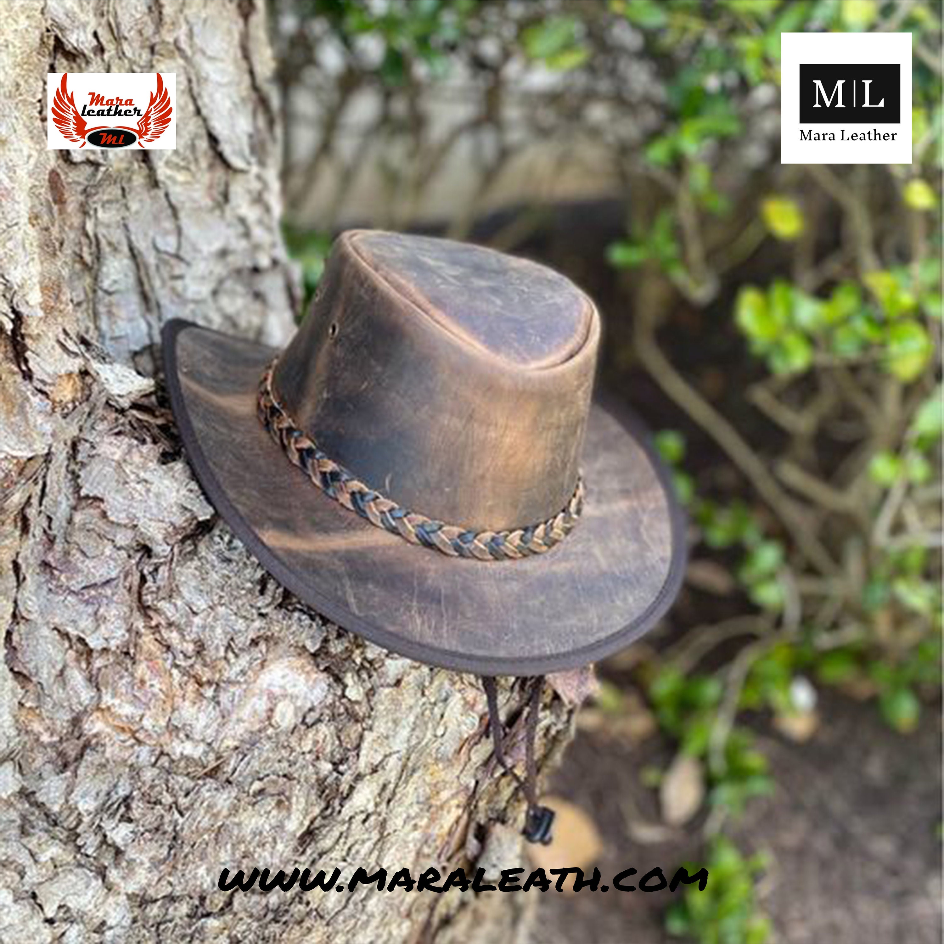 Genuine Brown Leather Cowboy Hat Distressed Leather Cowgirl Outback ...