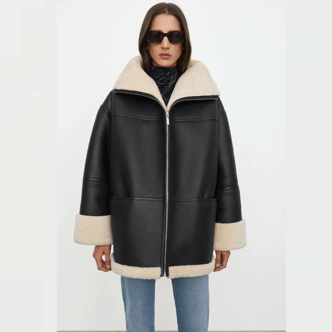 Womens Oversized Shearling Jacket, Black Genuine Leather Sherpa Jacket ...