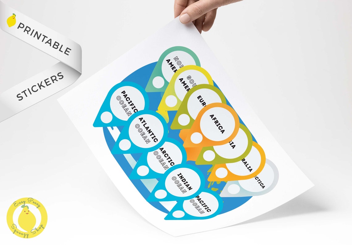 Printable Educational World Map Sticker Continents Oceans | Etsy