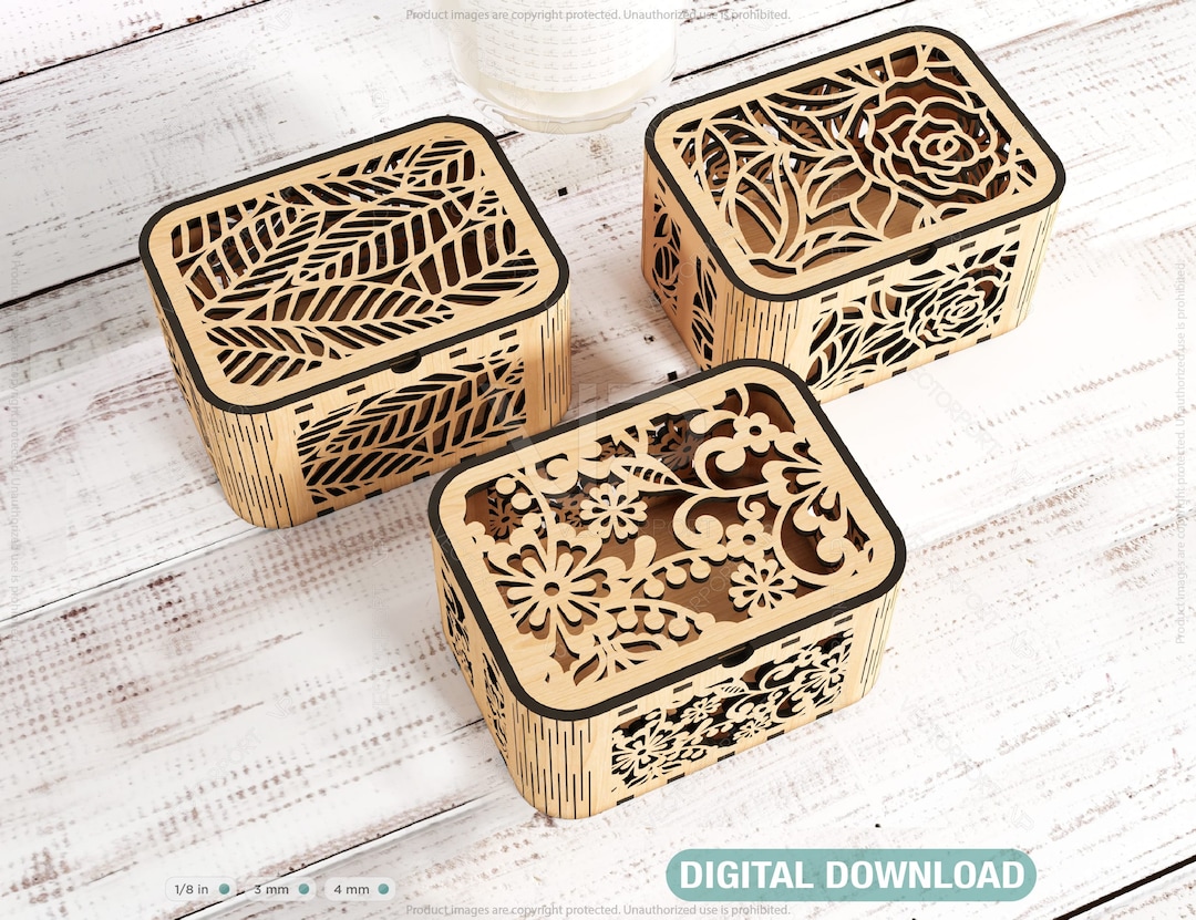 Decorative Wooden Box With Flowers & Leaves Pattern Laser Cut Jeweler ...