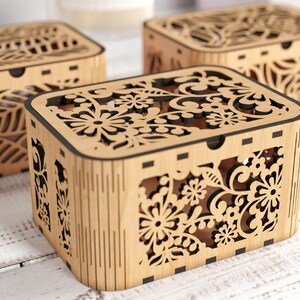 Decorative Wooden Box With Flowers & Leaves Pattern Laser Cut Jeweler ...