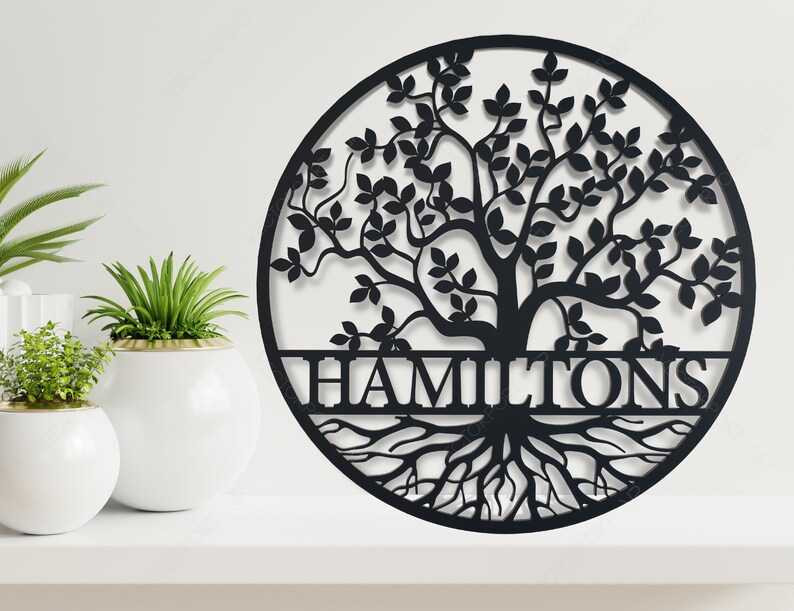Round Tree With Leaves Split Monogram Name Sign Letters SVG | Etsy