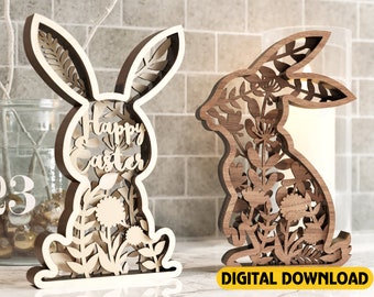 Easter Laser Cut Files Rabbits SVG Layered Bundle, Floral Bunny ...