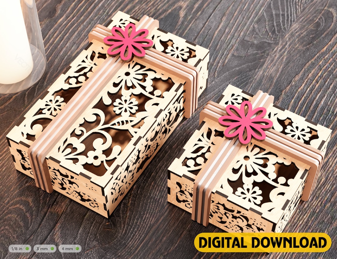 Gift Box Laser Cut With Ribbon Decorative Flowers Pattern Opener ...